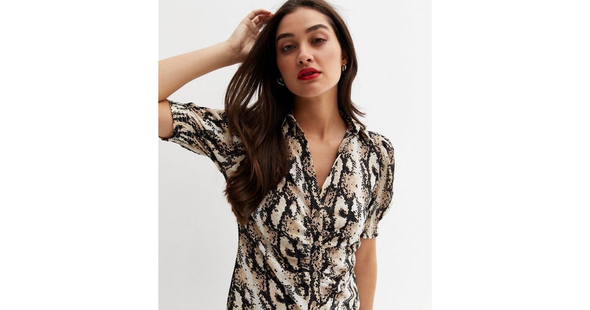 Off White Snake Print Collared Short Puff Sleeve Top | New Look