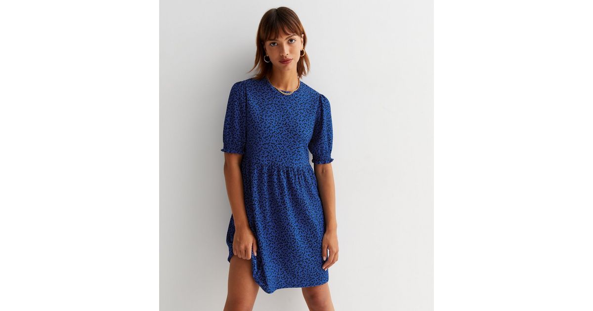 Blue Mark Making Crinkle Jersey Short Puff Sleeve Mini Smock Dress
