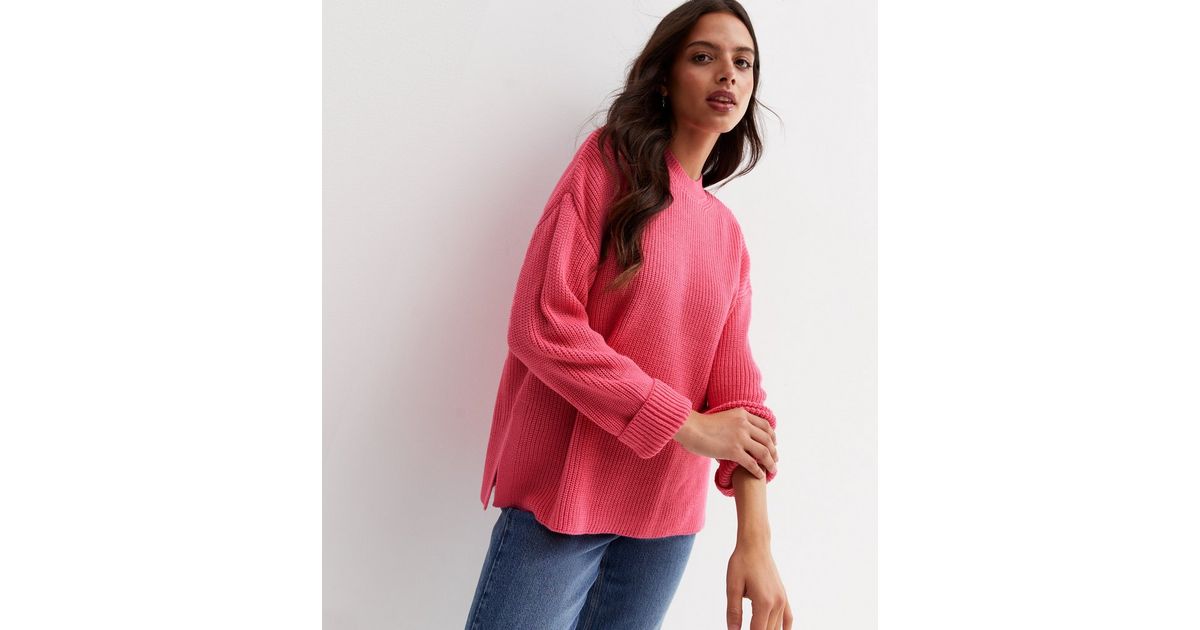 Deep Pink Split Hem Crew Neck Jumper | New Look