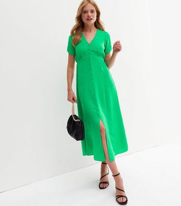 Green Button Front Tie Back Midi Tea Dress | New Look