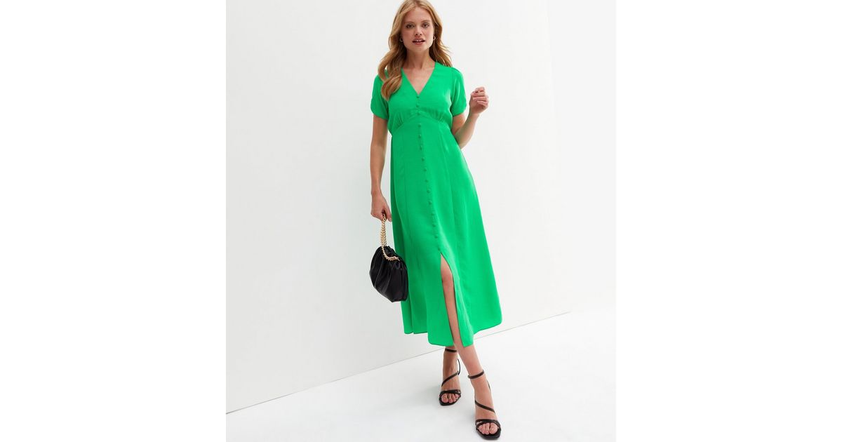 Green Button Front Tie Back Midi Tea Dress | New Look