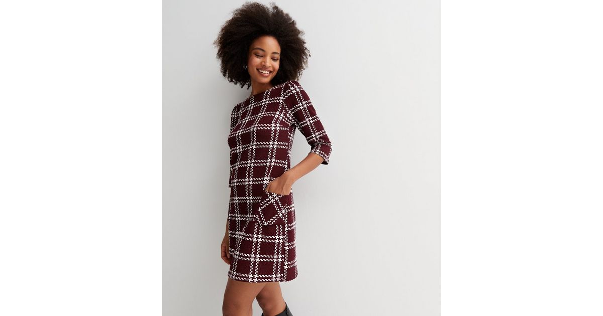 Burgundy Jacquard Check 3/4 Sleeve Mini Tunic Dress | New Look