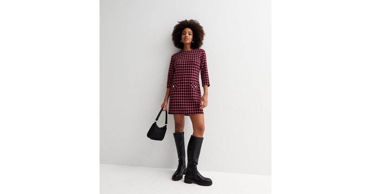 Pink Check 3/4 Sleeve Mini Tunic Dress | New Look