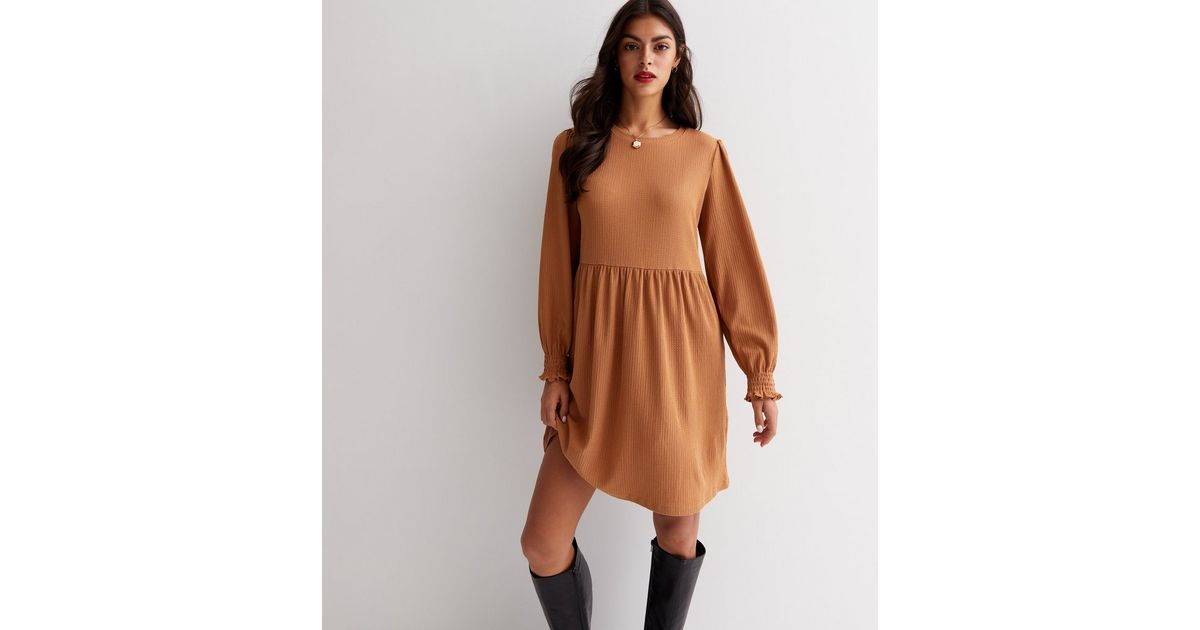 Light Brown Crinkle Long Sleeve Mini Smock Dress | New Look