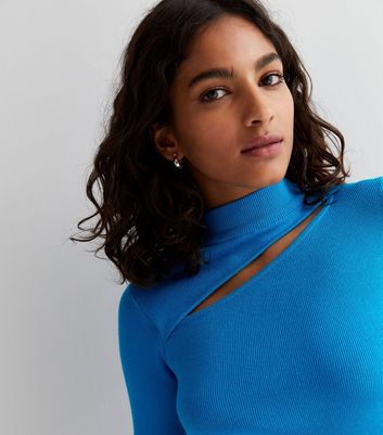 Petite Turquoise Ribbed Knit Cut Out Crew Neck Jumper | New Look