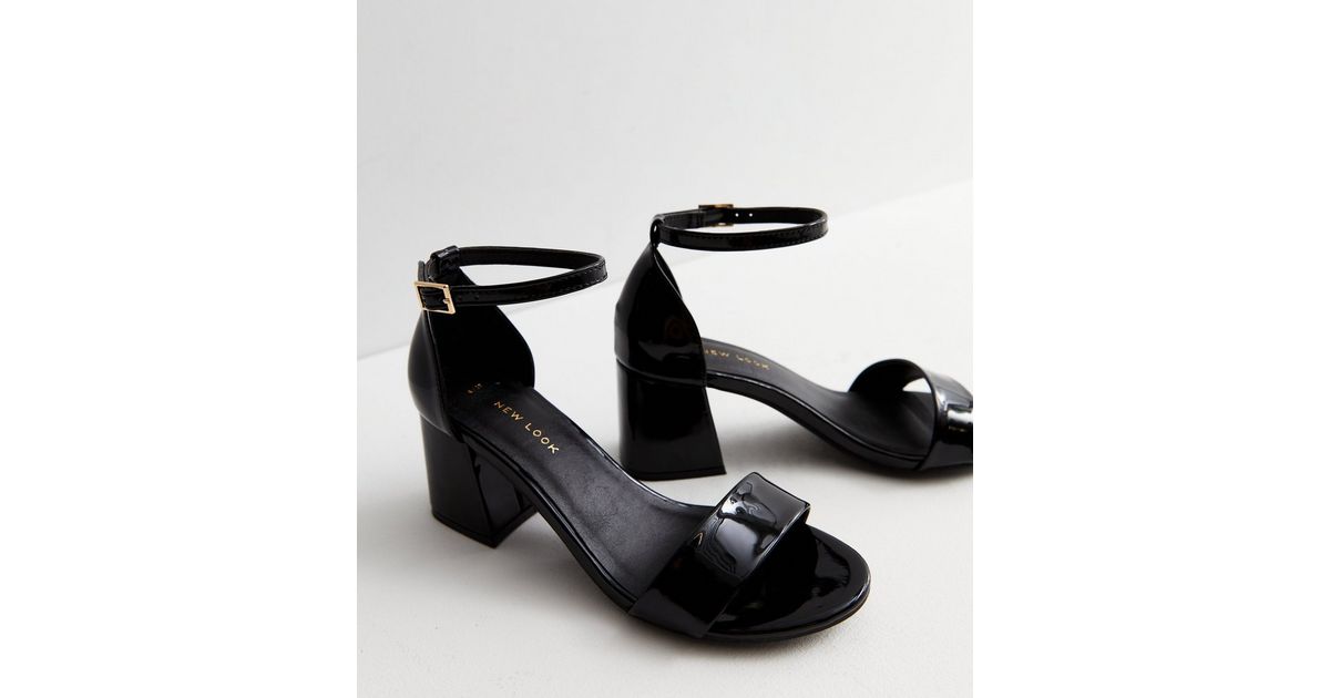 Black Patent Strappy Block Heel Sandals | New Look