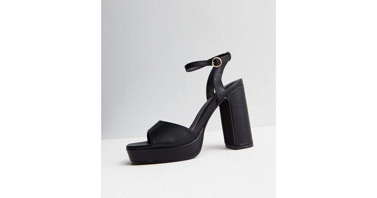 Black Faux Croc 2 Part Block Heel Platform Sandals | New Look