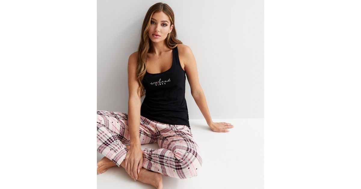 Black Check Jogger Pyjama Set with Weekend Vibes Logo | New Look