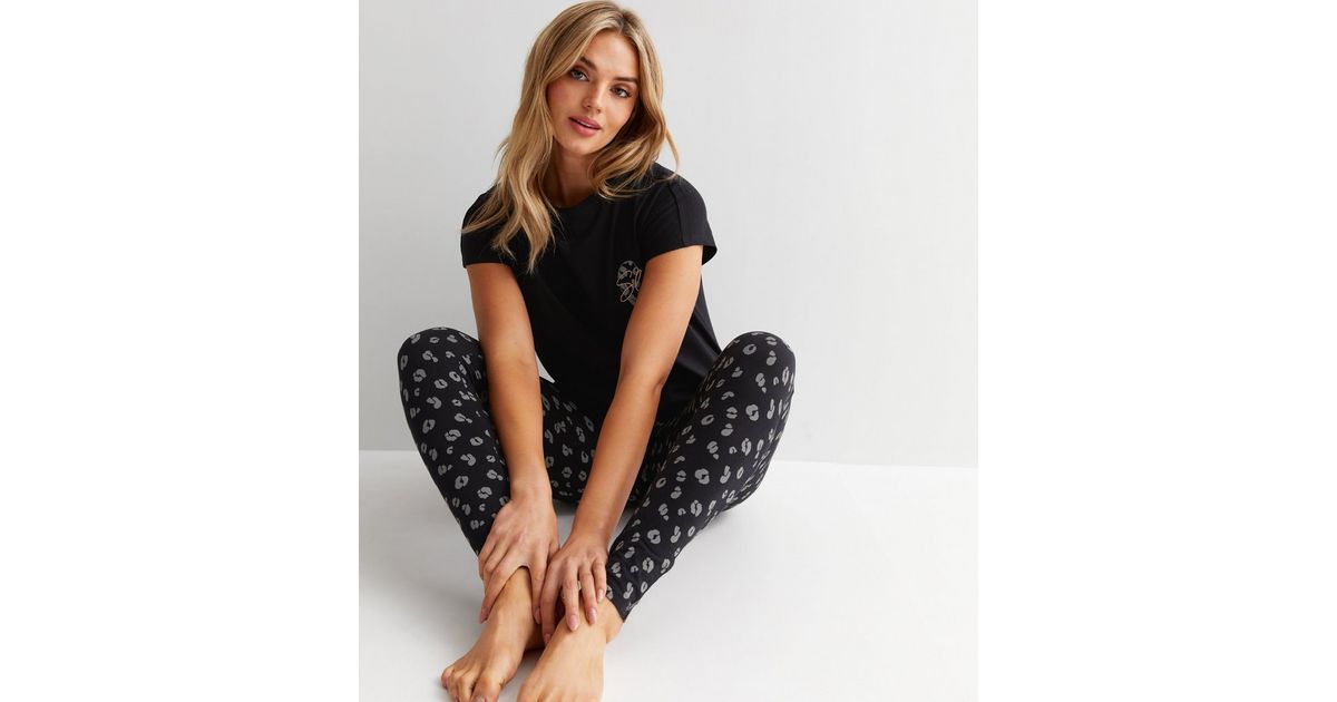 Black Legging Pyjama Set With Leopard Print New Look
