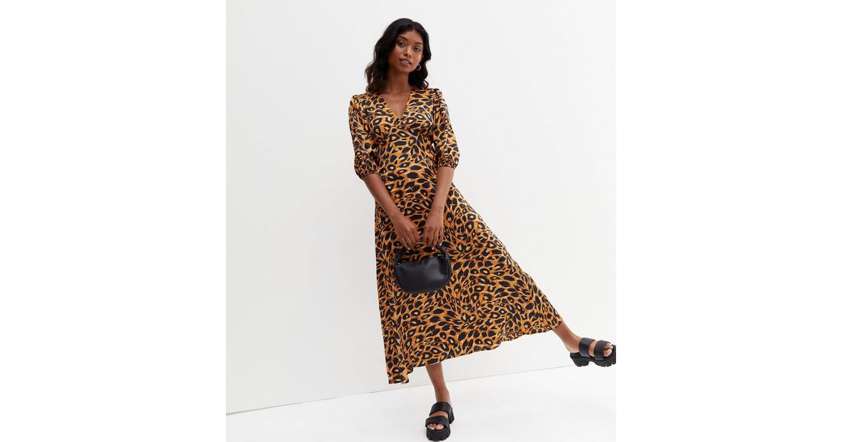 Gini London Rust Leopard Print V Neck Midi Dress | New Look