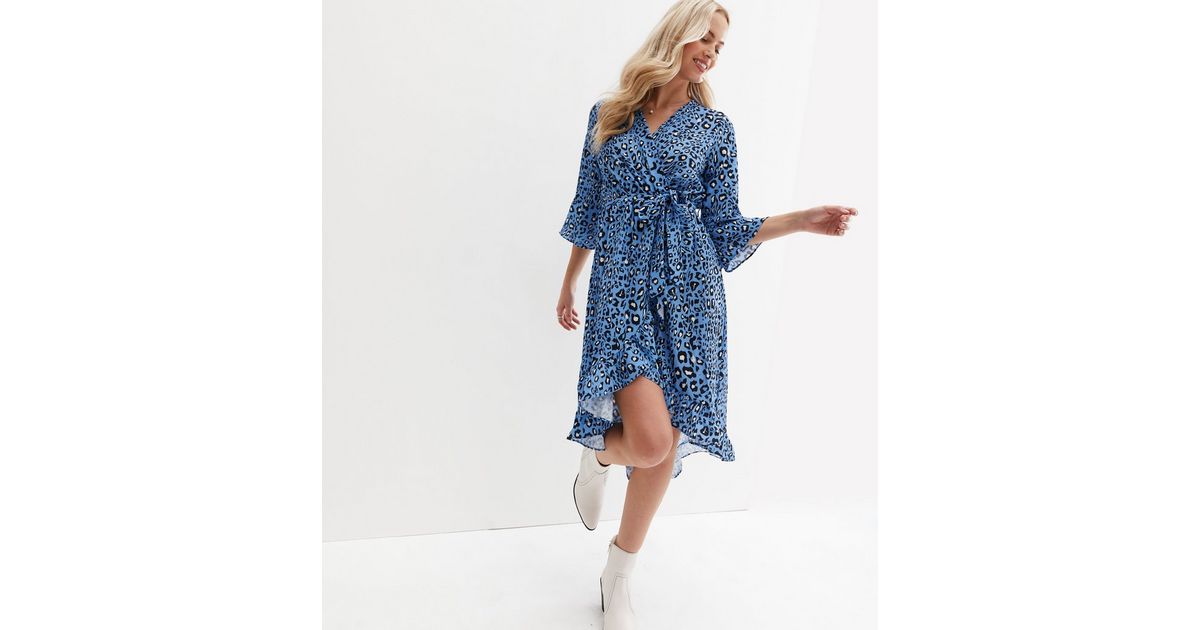 Gini London Blue Leopard Print Ruffle Midi Wrap Dress | New Look