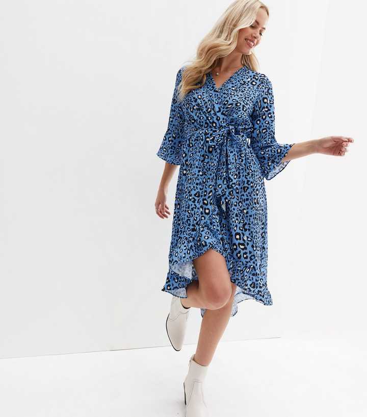 Gini London Blue Leopard Print Ruffle Midi Wrap Dress | New Look