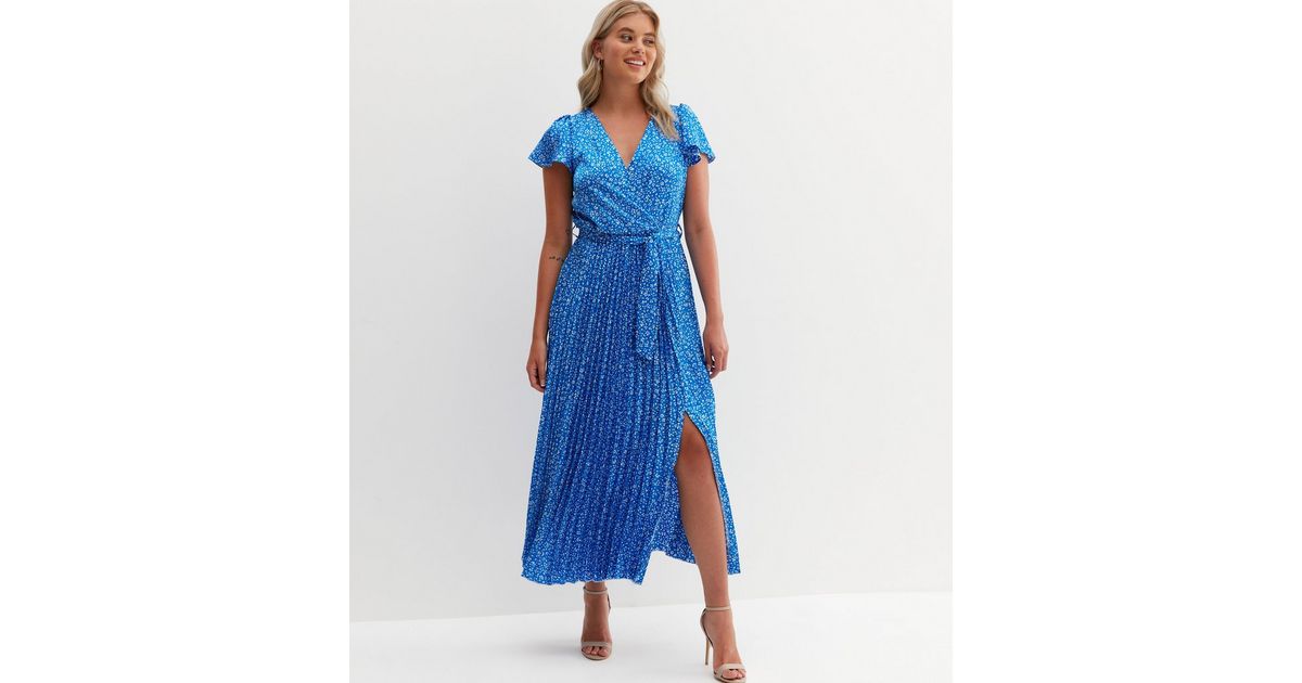 Tall Blue Ditsy Floral Satin Pleated Midi Wrap Dress New Look