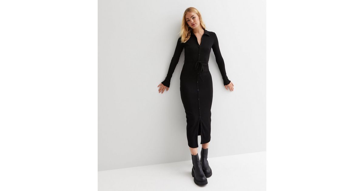 Black Ribbed Button Front Tie Waist Midi Polo Dress New Look