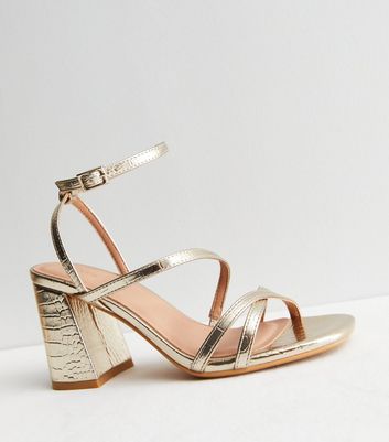 Gold Metallic Faux Croc Strappy Block Heel Sandals | New Look