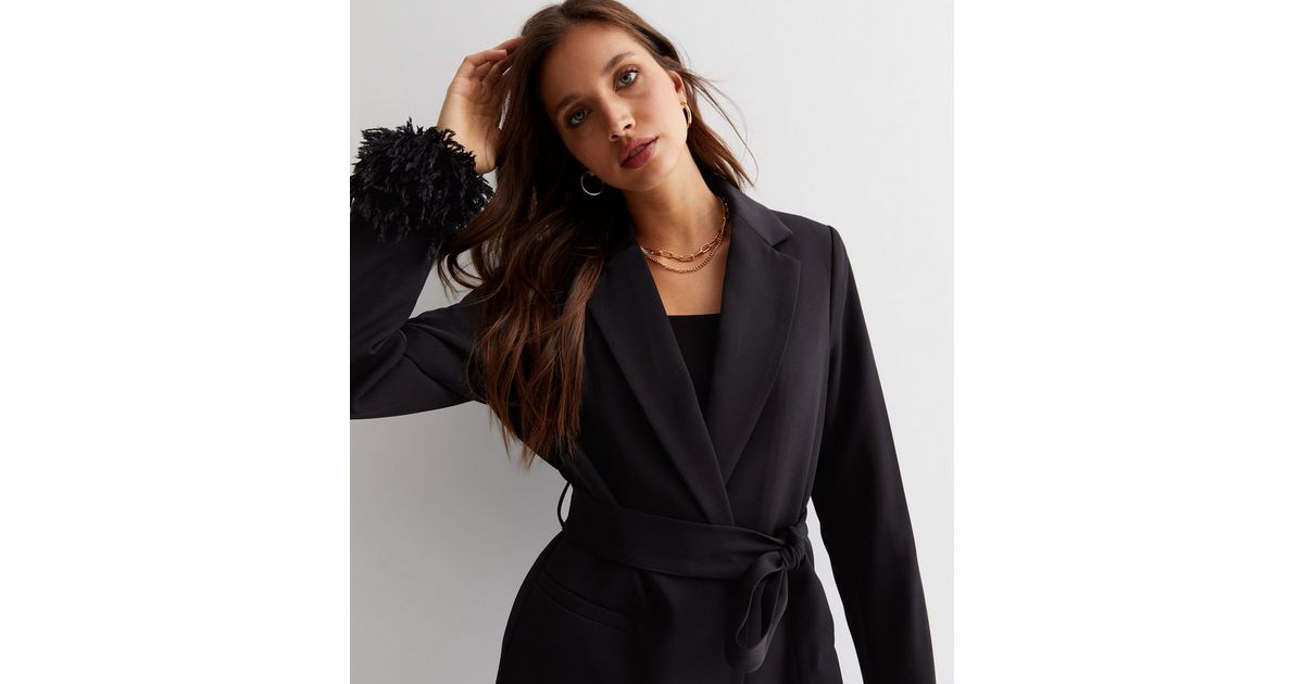 Black Fluff Trim Belted Blazer | New Look