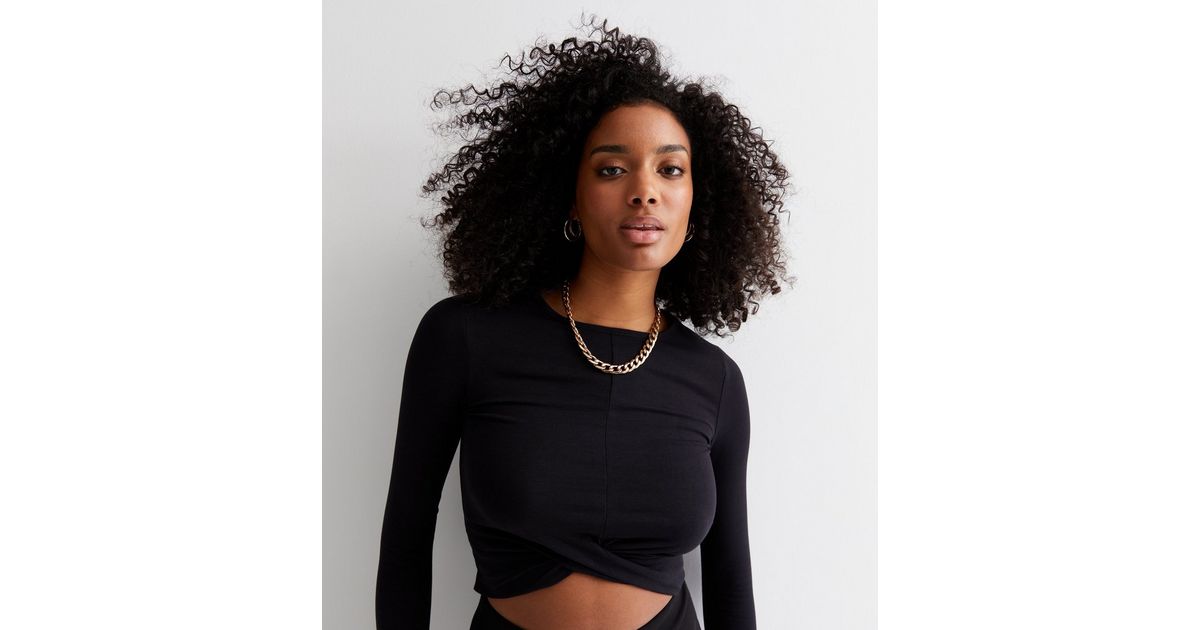 Black Twist Front Long Sleeve Crop Top | New Look