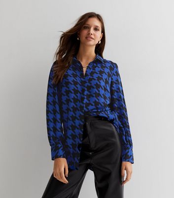 Blue Dogtooth Long Sleeve Shirt | New Look