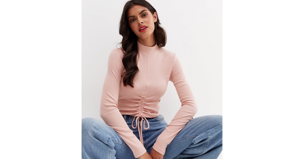 Pale Pink Ribbed Ruched Long Sleeve Crop Top | New Look