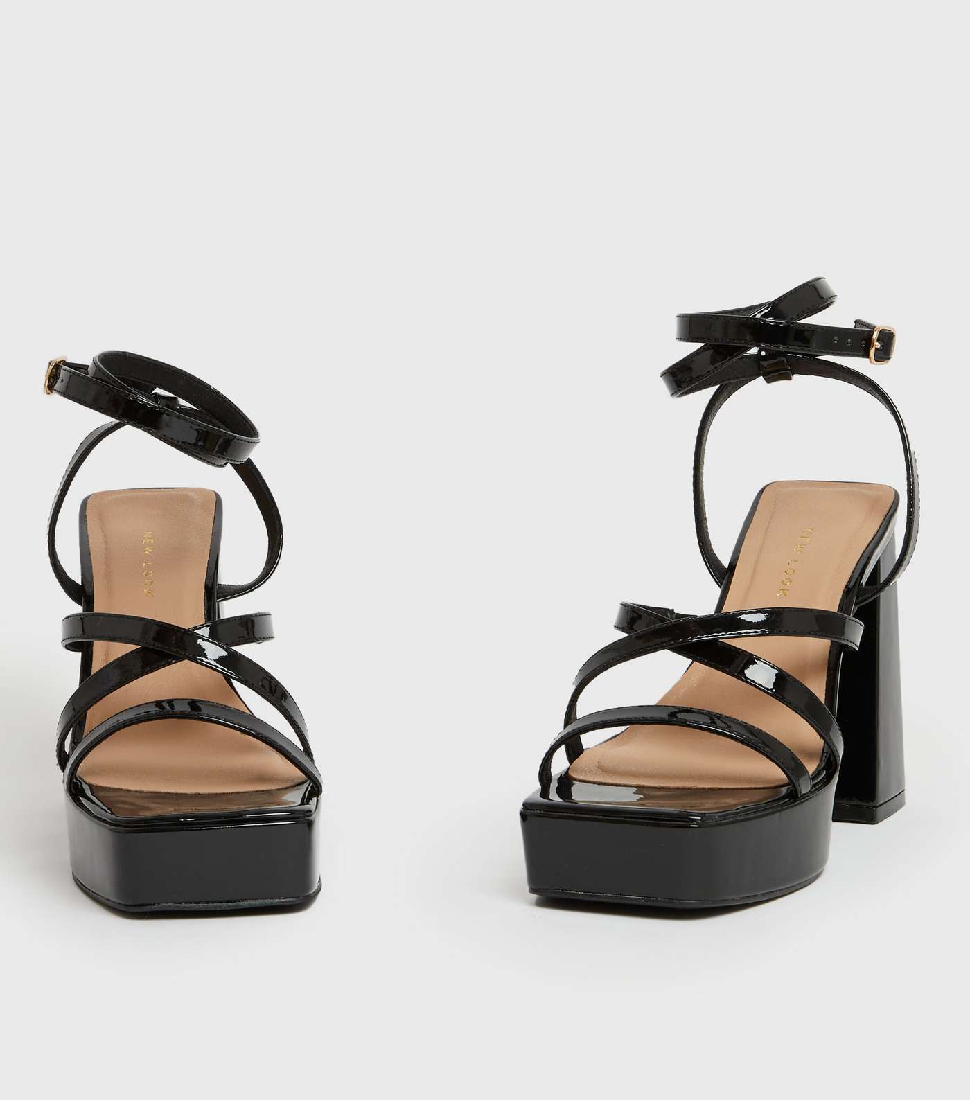 Black Patent Strappy Platform Block Heel Sandals New Look