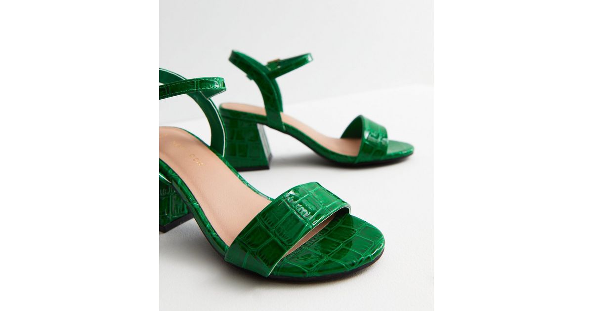 Green Croc Block Heel Sandals | New Look