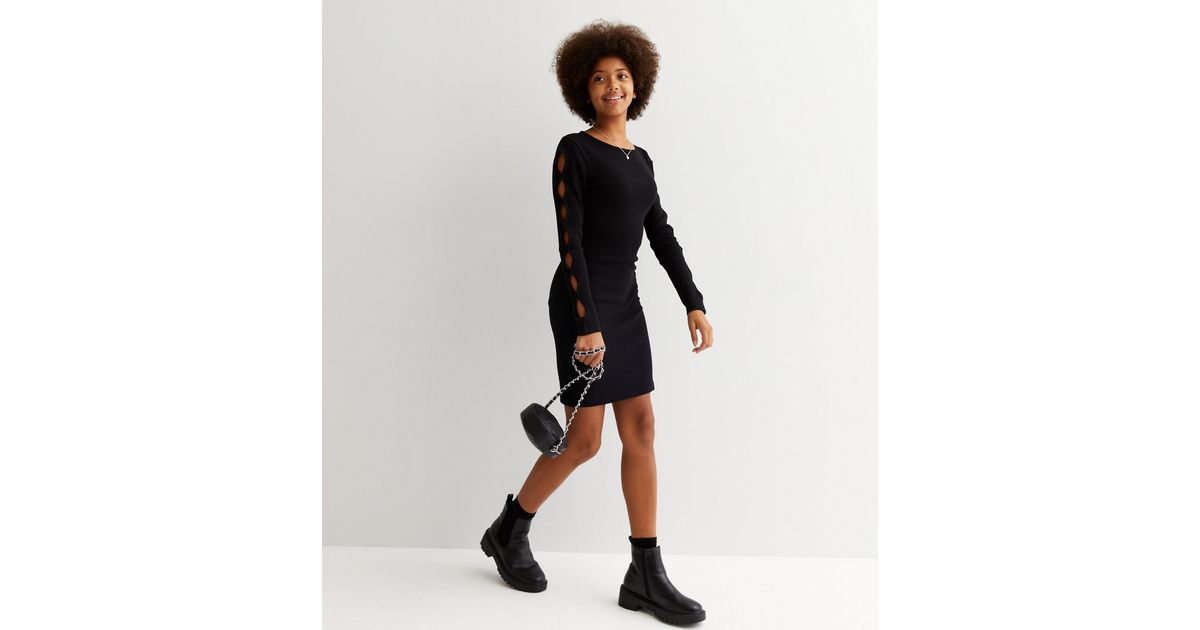 Girls Black Ribbed Cut Out Sleeve Dress | New Look
