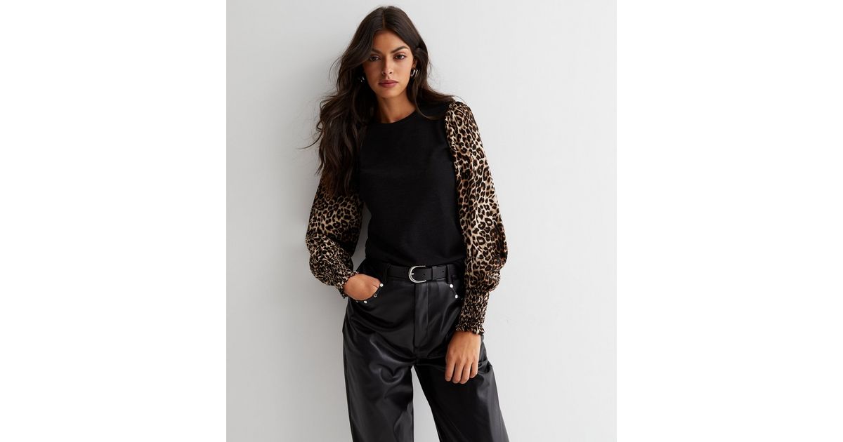 Black Leopard Print 2 In 1 Long Puff Sleeve Top New Look