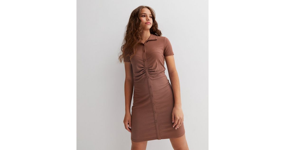 Girls Light Brown Ribbed Ruched Shirt Dress | New Look