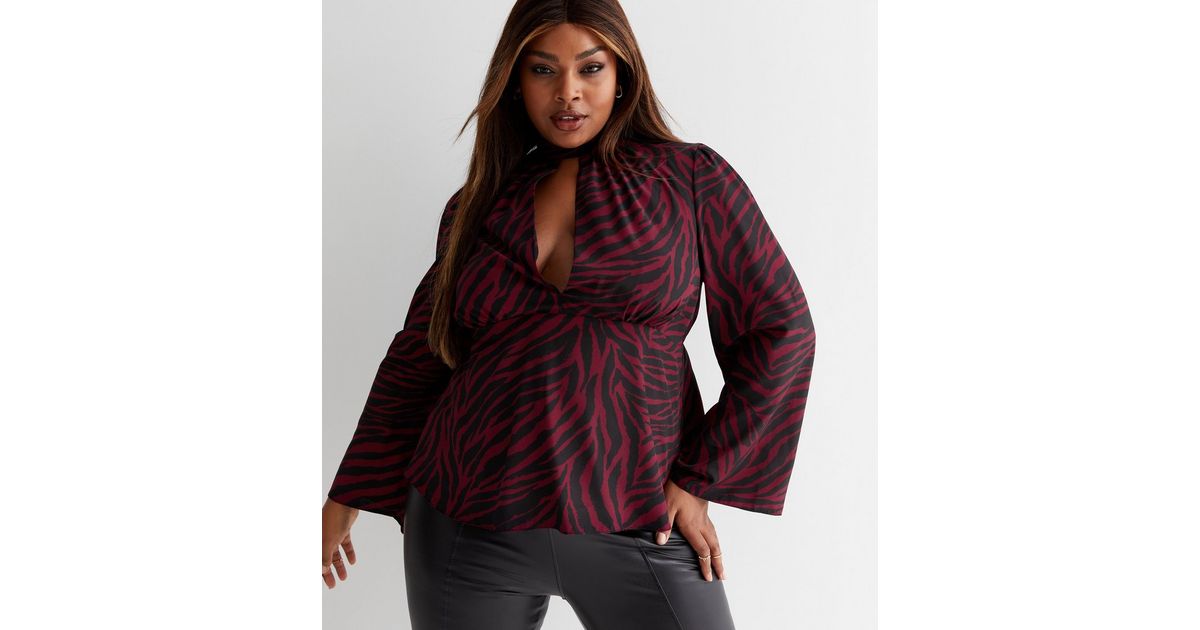 Curves Red Tiger Print Cut Out High Neck Kimono Sleeve Blouse | New Look