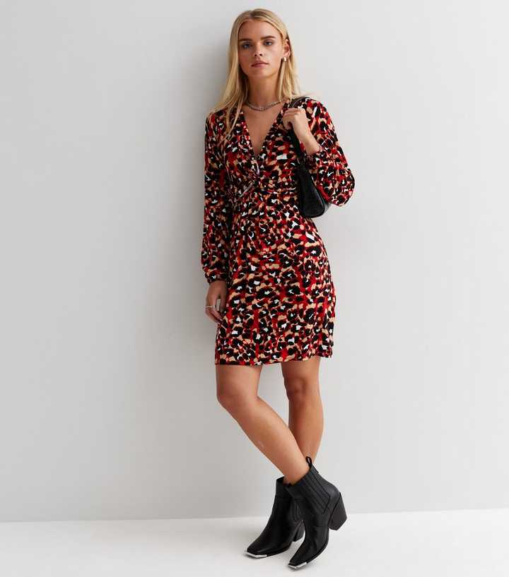Petite Red Leopard Print V Neck Twist Front Mini Dress | New Look