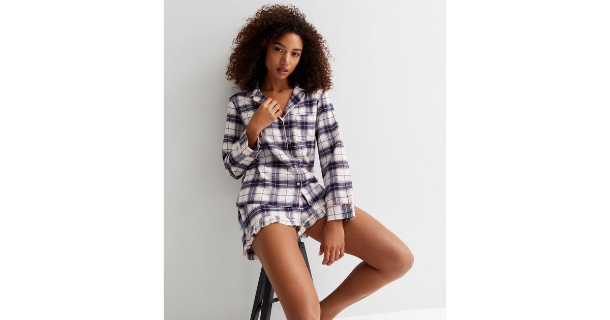 Blue Short Pyjama Set With Check Pattern New Look