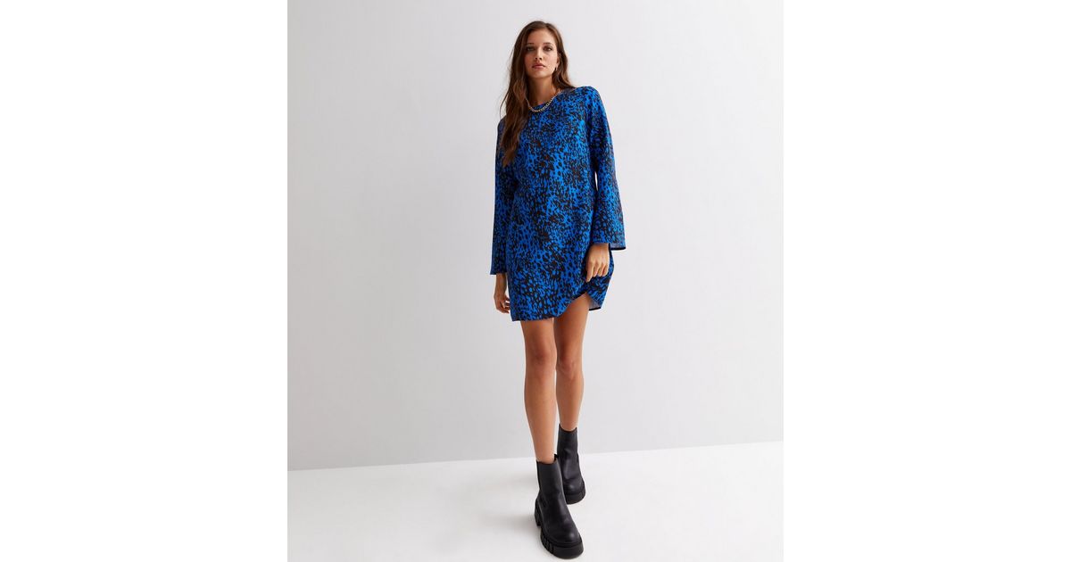 Blue Animal Print Long Wide Sleeve Mini Tunic Dress | New Look