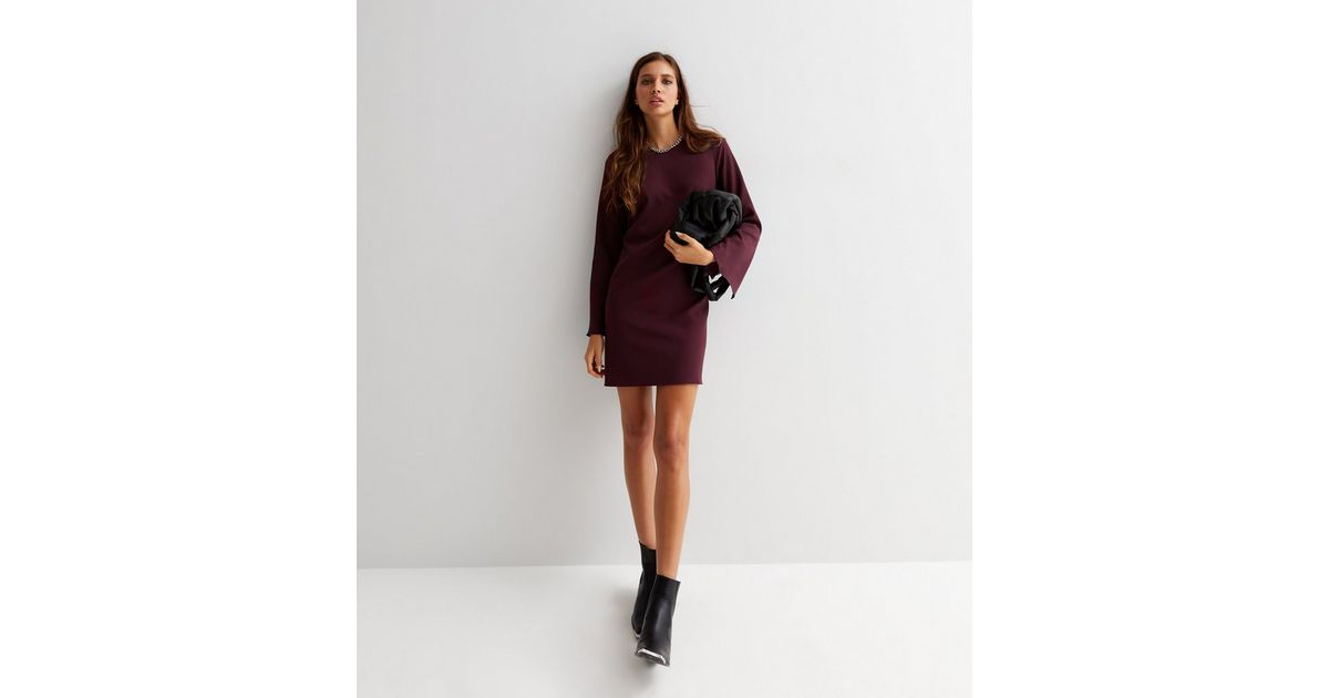 Burgundy Long Wide Sleeve Mini Tunic Dress | New Look
