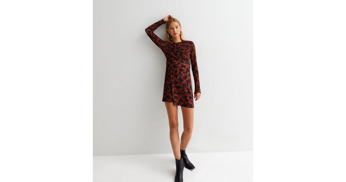 Black Floral Mesh Ruched Mini Dress | New Look