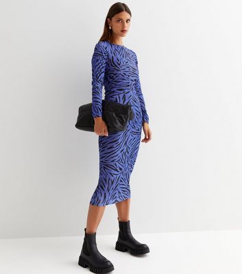 Blue Zebra Print Jersey Ruched Bodycon Midi Dress | New Look