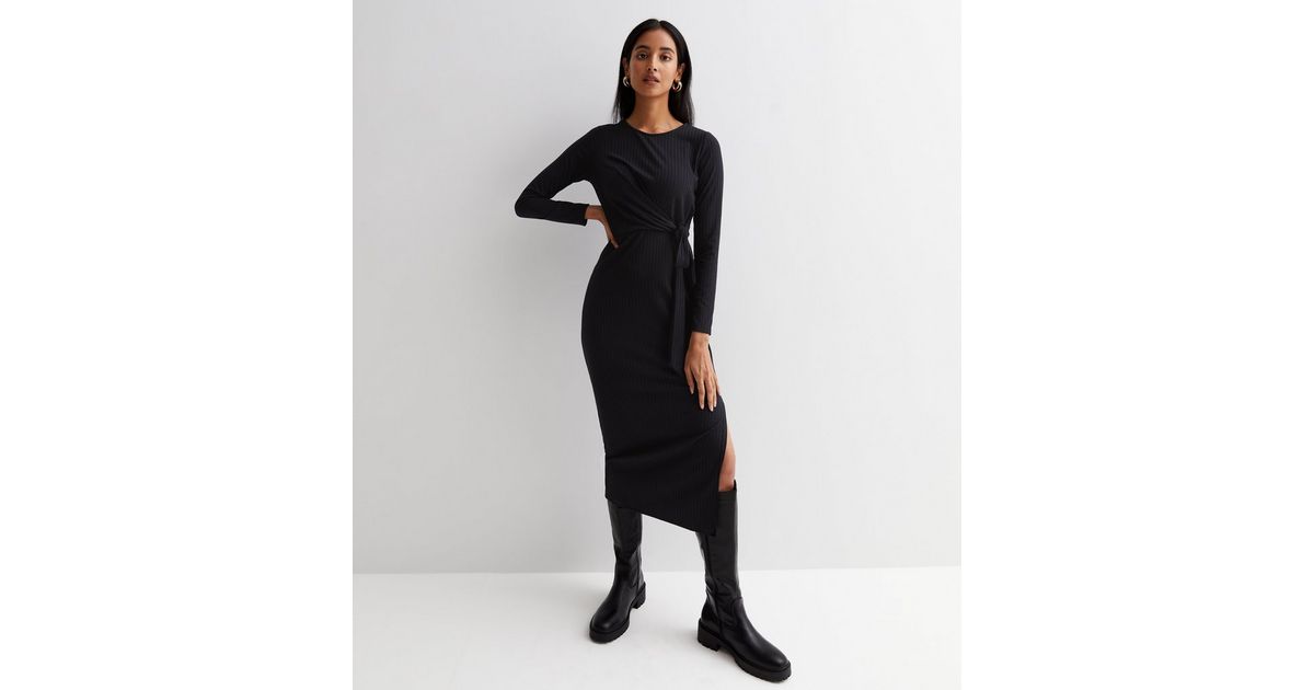 Black Ribbed Jersey Tie Side Long Sleeve Midi Dress | New Look