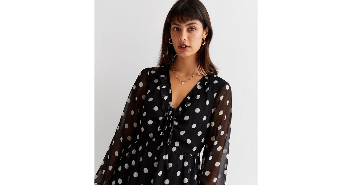 Black Spot Chiffon Frill V Neck Long Sleeve Mini Dress | New Look