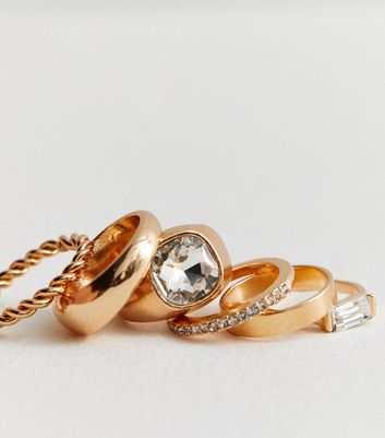 6 Pack Crystal Large Stone Chunky Rings New Look