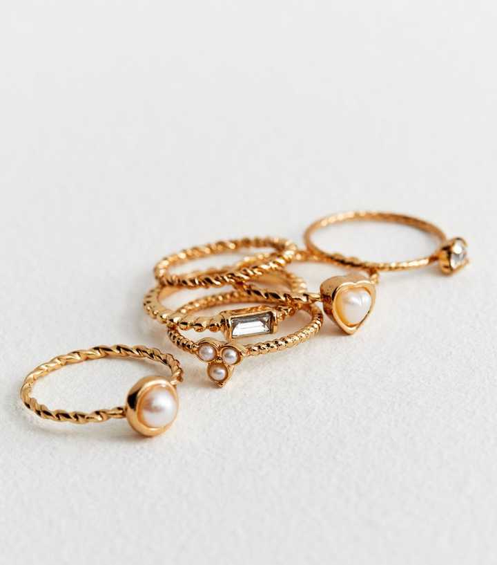 6 Pack Gold Faux Pearl Stacking Rings | New Look
