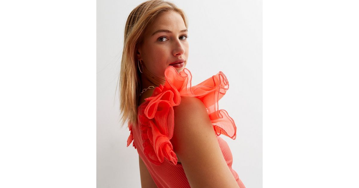 Cameo Rose Bright Orange Ruffle Top | New Look