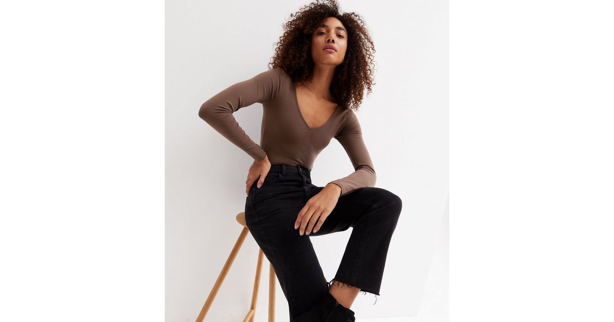 Dark Brown V Neck Long Sleeve Bodysuit | New Look