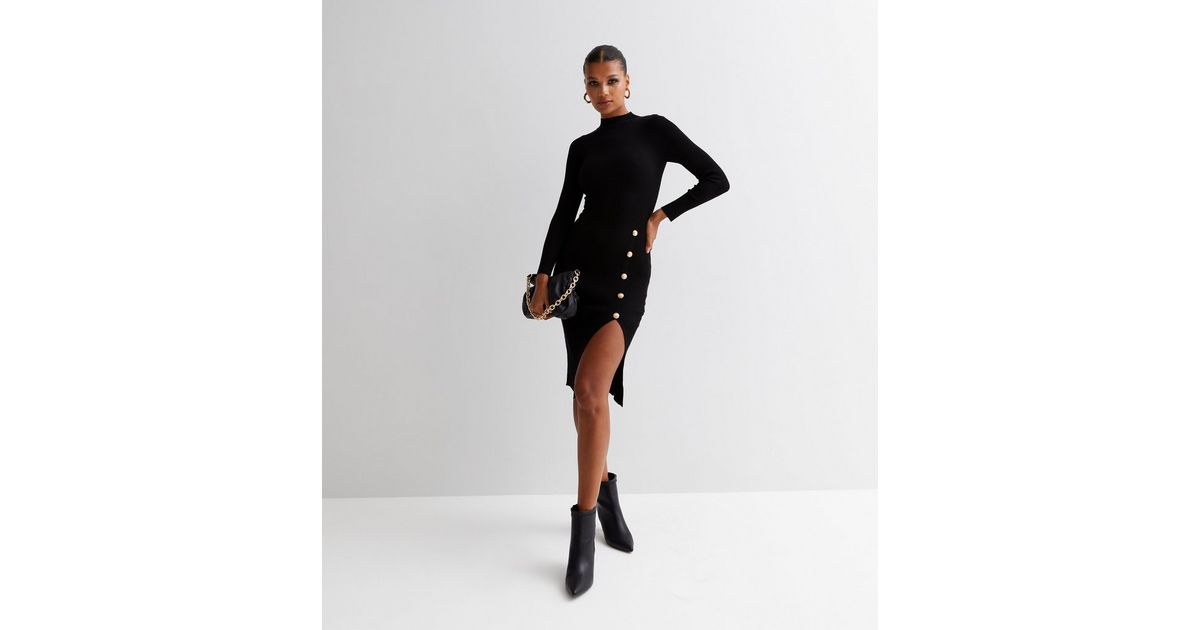 Black Ribbed Knit High Neck Button Side Midi Dress | New Look