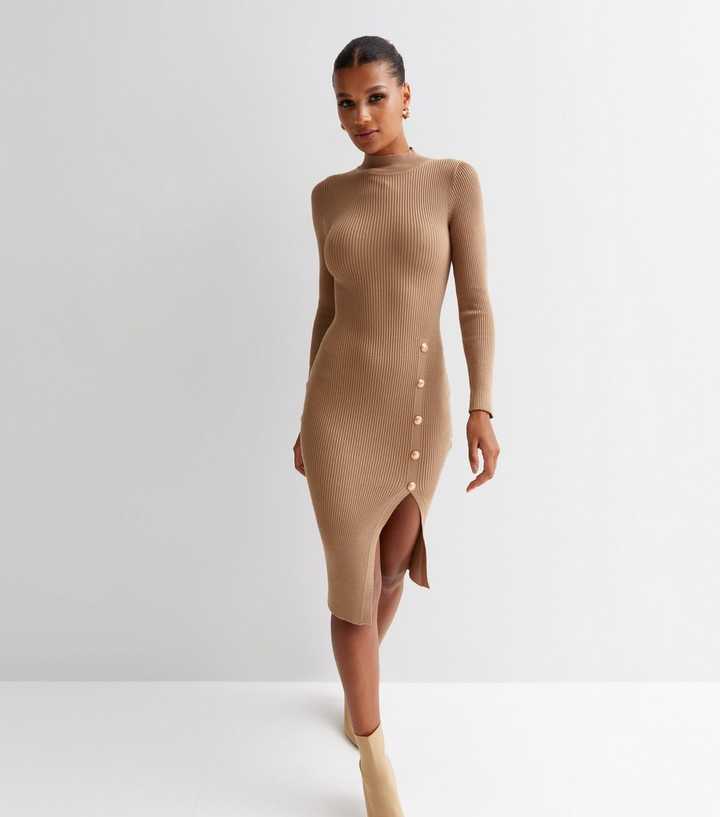 Tan Ribbed Knit High Neck Button Side Midi Dress | New Look