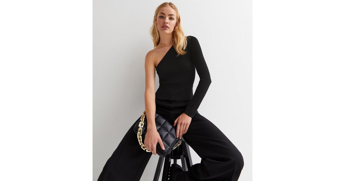 Black Ribbed Knit One Shoulder Jumper | New Look