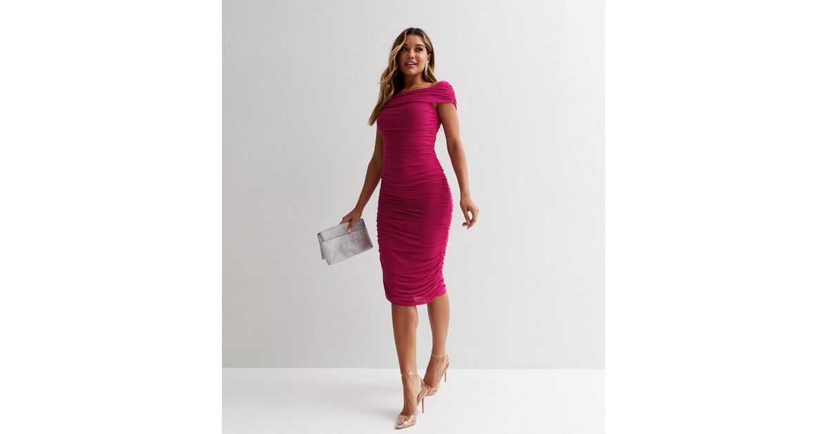 Little Mistress Bright Pink Mesh Bardot Ruched Midi Bodycon Dress | New ...
