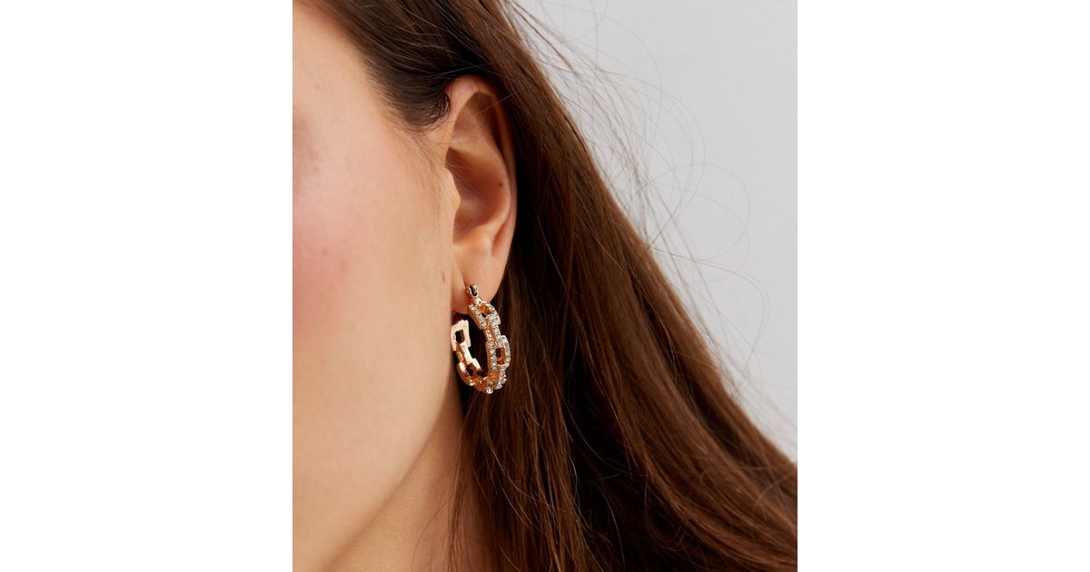 Gold Diamanté Chain Midi Hoop Earrings | New Look