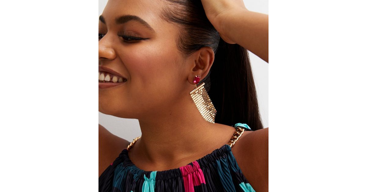 Inner Sparkle Gold Gem Chain Mail Tassel Earrings | New Look