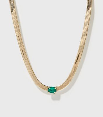 Dark Green Gem Snake Chain Necklace | New Look