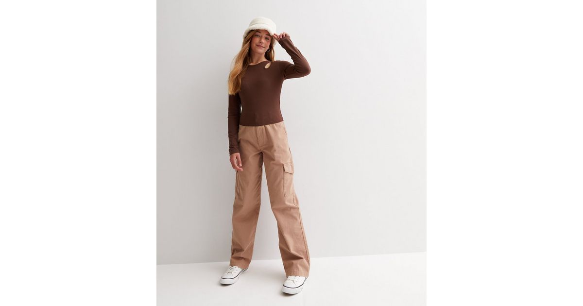 Girls Dark Brown Ribbed Jersey Long Sleeve Cut Out Top | New Look
