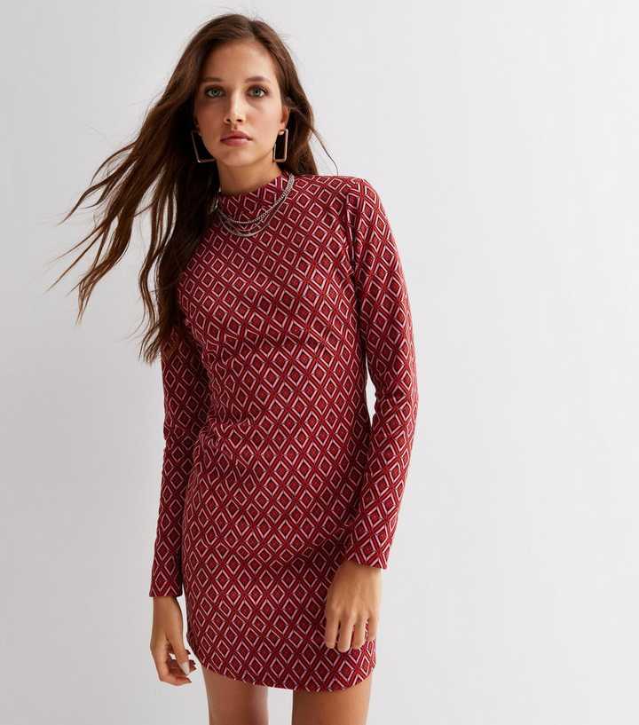 Pink Retro Geometric High Neck Open Back Long Sleeve Mini Dress | New Look